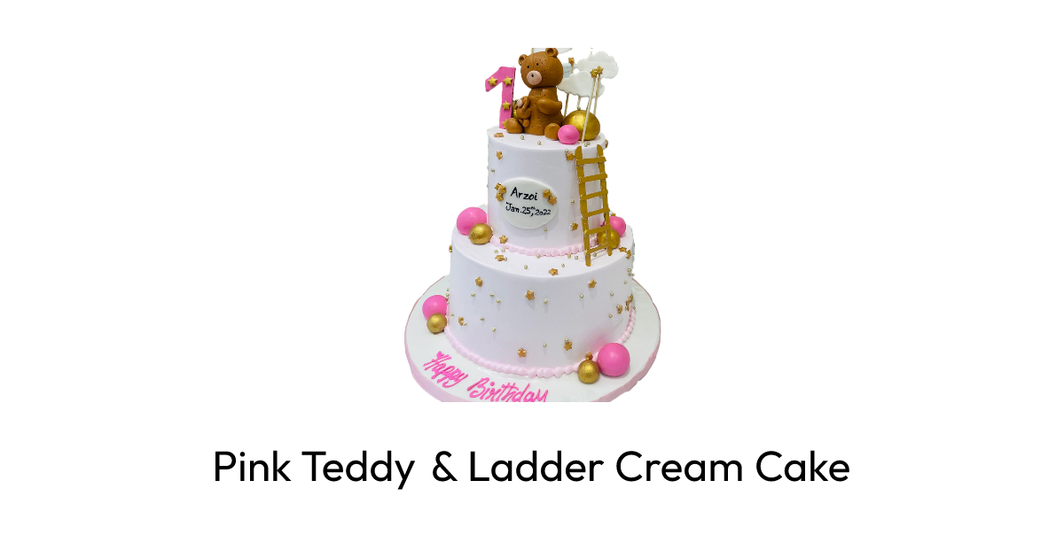 Pink Teddy & Ladder Cream Cake | Rashmi's Bakery