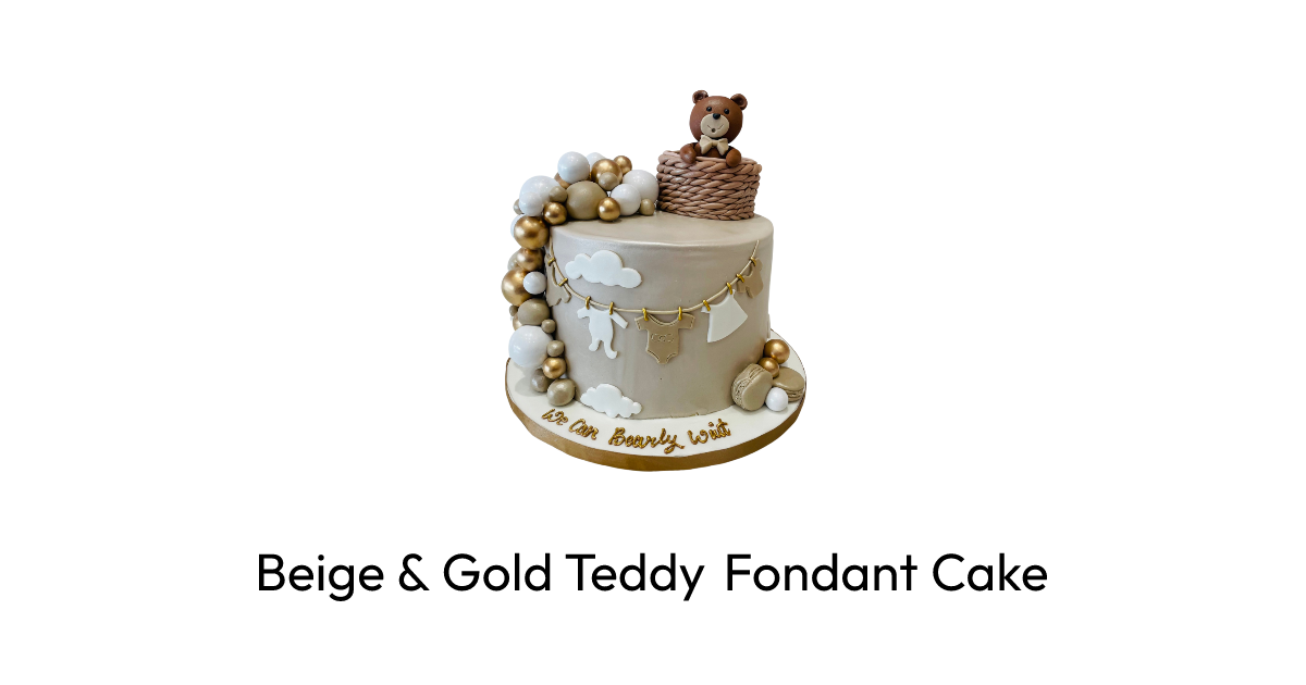 Beige & Gold Teddy Fondant Cake | Rashmi's Bakery